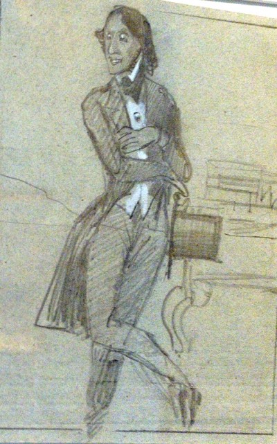 Carl Hartmann 1845. Tegning af H.C. Andersen, som elegantier i kjolesæt ...