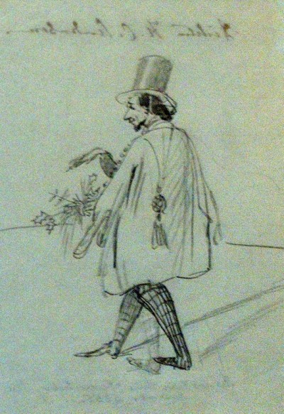 Carl Hartmann tegning af H.C. Andersen med slængkappe, ternede bukser ...